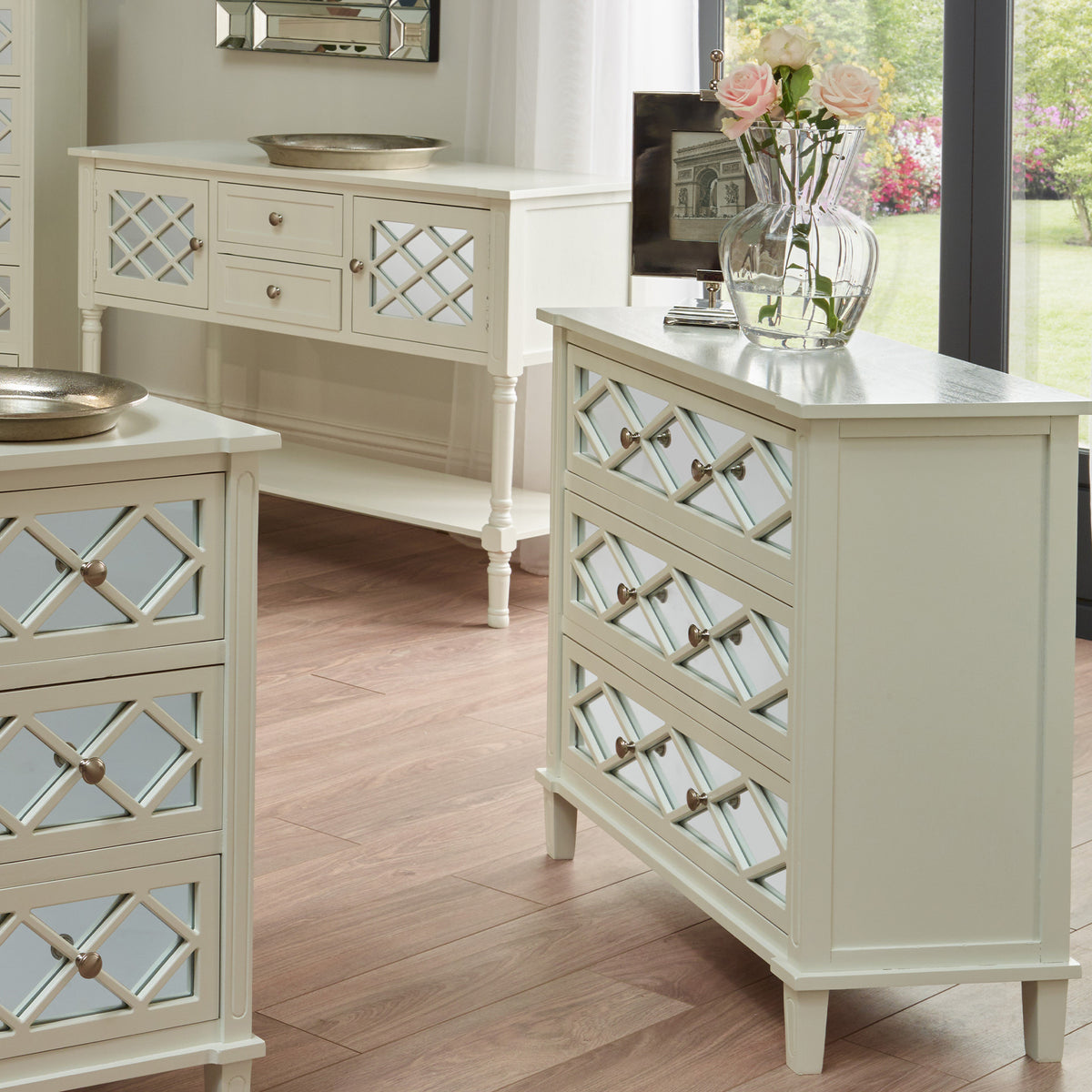 Puglia Dove Mirrored Pine Wood 3 Drawer Wide Unit - Available in Grey ...
